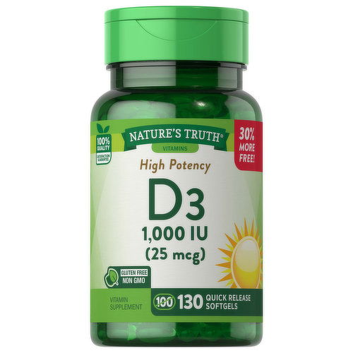 Nature's Truth Vitamin D3, High Potency, 25 mcg, Quick Release Softgels ...